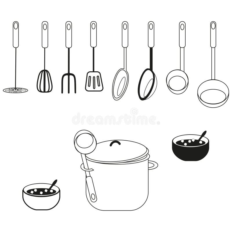 Full Kitchen Kit. Tools with Pot. Soup Bowl Included. Black and White ...