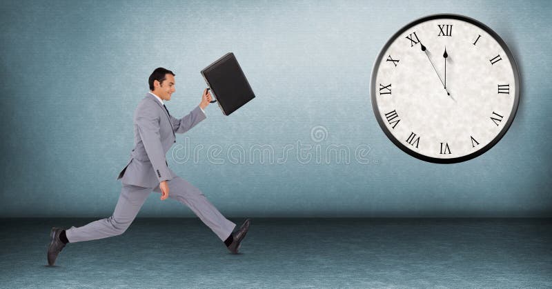 Full Length of Businessman Running Late with Clock in Background Stock ...