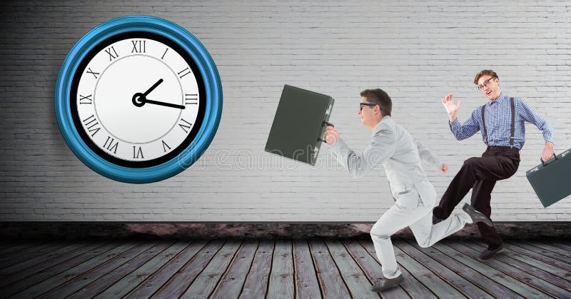 Full Length of Businessmen Running Late with Clock on Wall Stock Photo ...