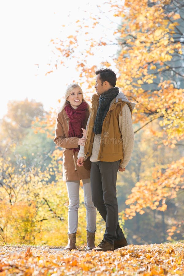 Young Couple Enjoying Falling Autumn Leaves in Park Stock Photo - Image ...