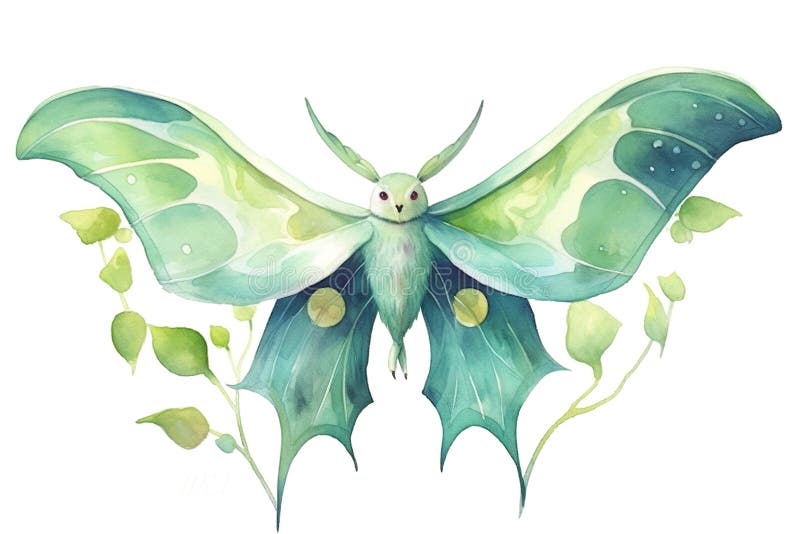 Cute Luna Moth on Tree in Watercolor, Concept of Nature, Stock ...