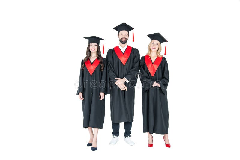 Full Length Front View of Happy Students in Graduation Caps Standing ...