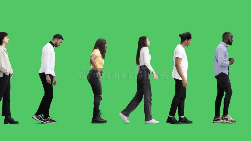 A Full-length Group of People on a Green Background are Standing in ...