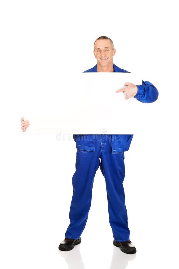 Full Length Happy Worker Presenting Empty Banner Stock Photo - Image of ...
