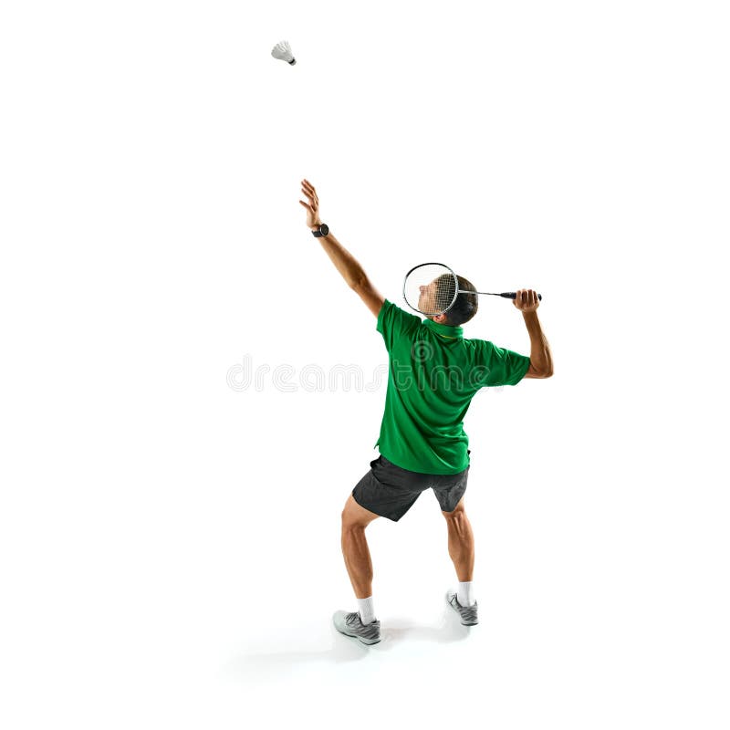 Full-length Image of Young Men, Badminton Player Serving Shuttlecock ...