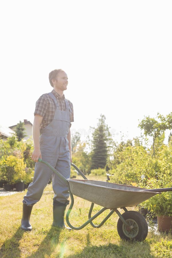 Full-length of Man Pushing Wheelbarrow at Garden Stock Photo - Image of ...