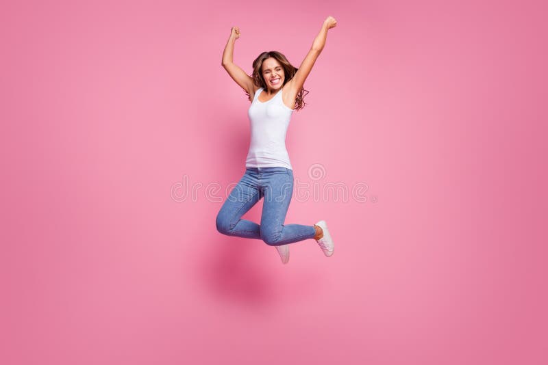 Full Length Photo Of Crazy Excited Lady Jump High Up Good Mood Raise