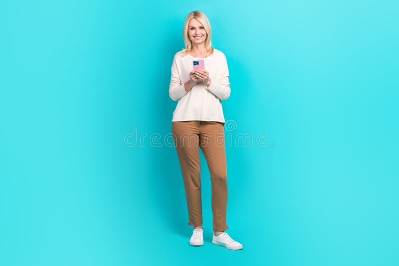 Full Length Photo Of Cute Adorable Woman Wear White Shirt Chatting Instagram Twitter Facebook