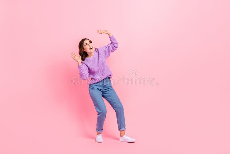 Full Length Photo Of Dreamy Excited Lady Wear Violet Sweater Rising