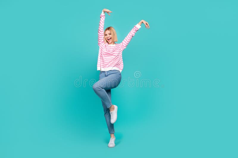 Full Length Photo Of Funky Adorable Girl Dressed Striped Sweater