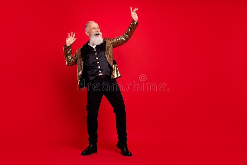 Full Length Photo Of Funky Beard Elder Man Dance Wear Gold Jacket Pants