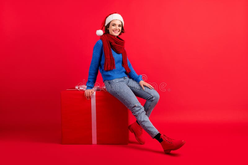 Full Length Photo Positive Girl In Santa Claus Headwear Sit Big T