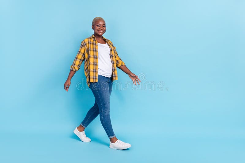 Full Length Photo Of Pretty Cute Woman Dressed Plaid Shirt Walking
