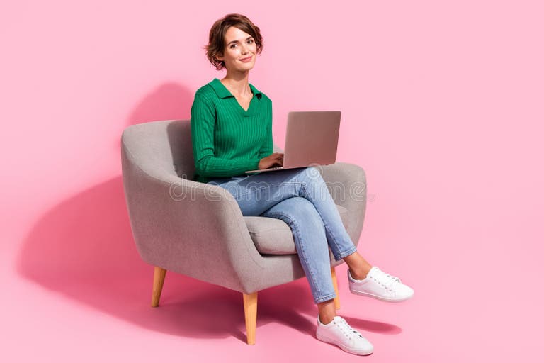 Full Length Photo of Young Programmer Girl Using Digital Computer ...