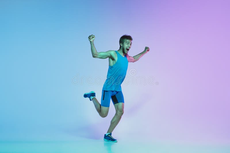 Full Length Portrait of Active Young Caucasian Running, Jogging Man on ...