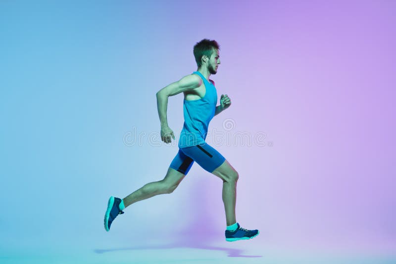 Full Length Portrait of Active Young Caucasian Running, Jogging Man on ...