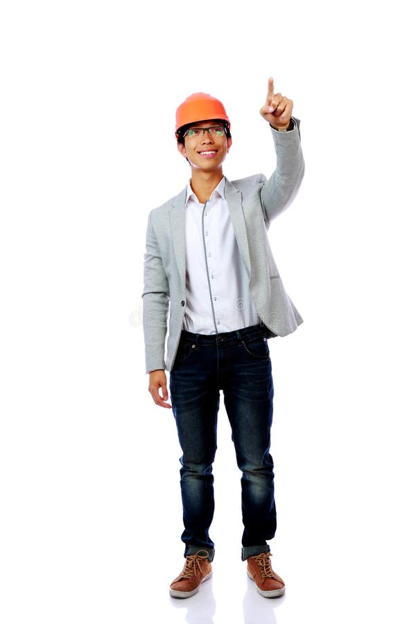 Full Length Portrait Asian Engineer Man Point Up Stock Photos - Free ...