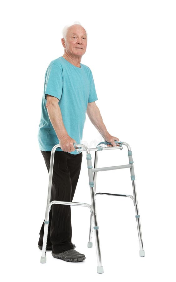 Full Length Portrait of Elderly Man Using Walking Frame Stock Image ...