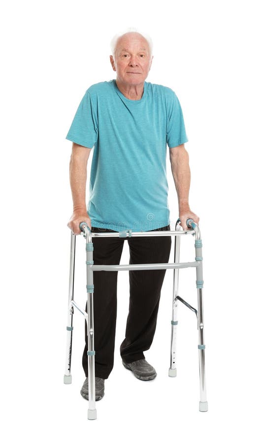 Full Length Portrait of Elderly Man Using Walking Frame Stock Photo ...