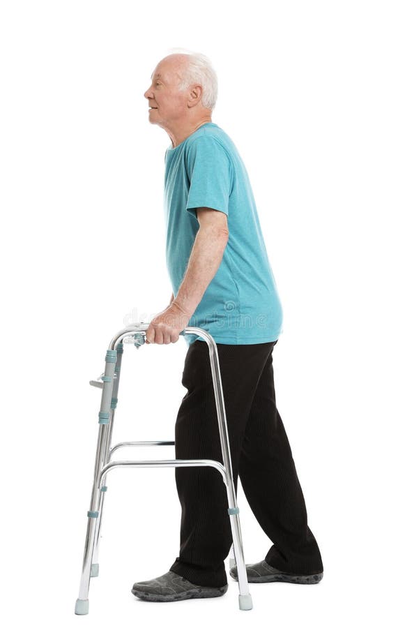 Full Length Portrait of Elderly Man Using Walking Frame Stock Image ...