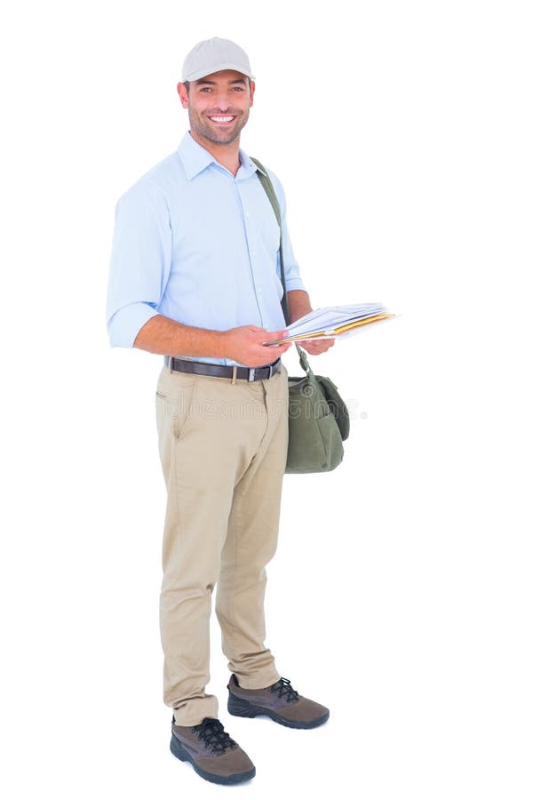 Full Length Portrait of Happy Postman with Letters Stock Photo - Image ...
