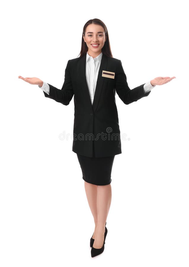 Full Length Portrait of Happy Young Receptionist in Uniform on White ...
