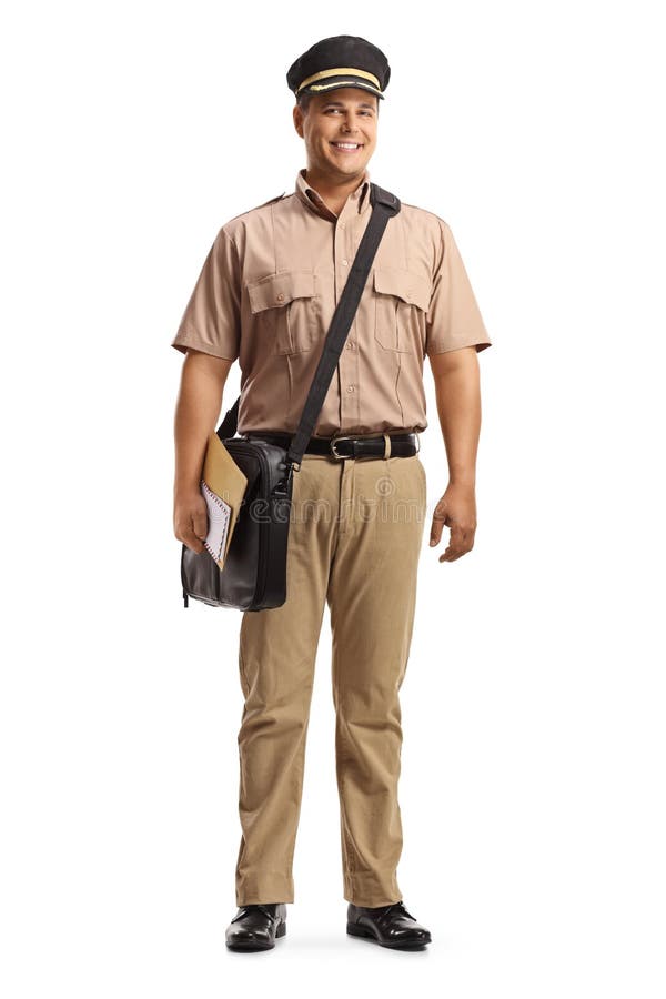 Full Length Portrait of a Mailman with a Bag Smiling at Camera Stock ...