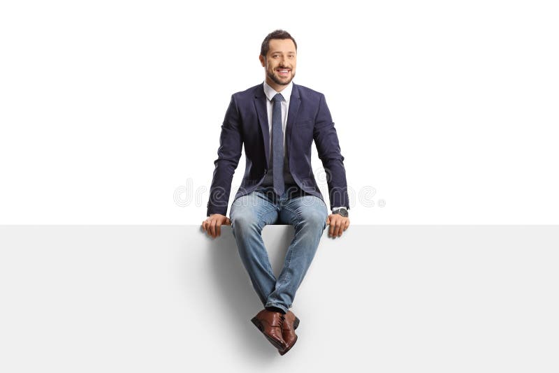 Man Jeans Sitting Panel Smiling Isolated White Background Stock Photos ...