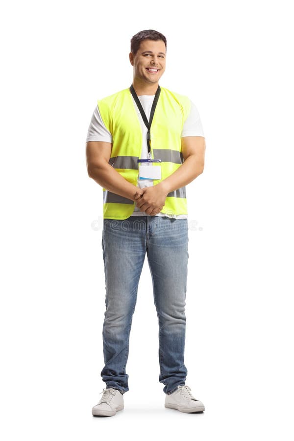 Full Length Portrait of a Security Guy in a Vest Smiling Stock Photo ...