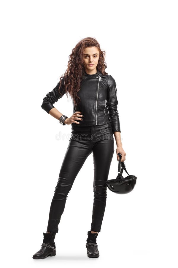 Full Length Portrait Young Woman With Curly Hair Holding A Biker Helmet ... Full Length Portrait Young Woman With Curly Hair Holding A Biker Helmet ...