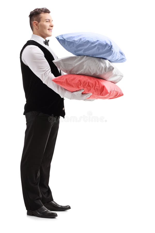 Full Length Profile Shot of a Butler with Pillows Stock Image - Image ...