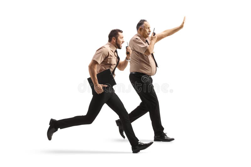 Full Length Profile Shot of Two Security Guards Running and Using ...