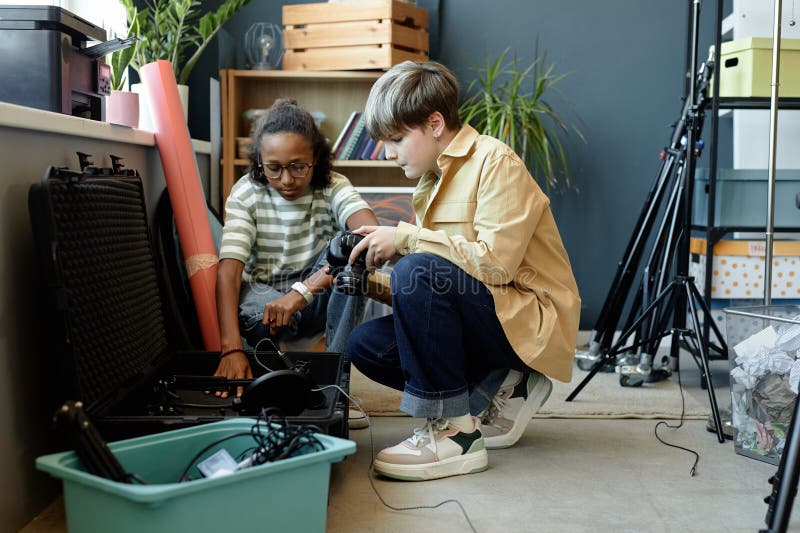 Kids Preparing Video Equipment in Studio Stock Photo - Image of friend ...