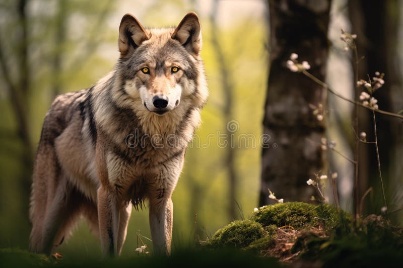 Full-length Wild Wolf Against the Backdrop of Summer or Spring Forest ...