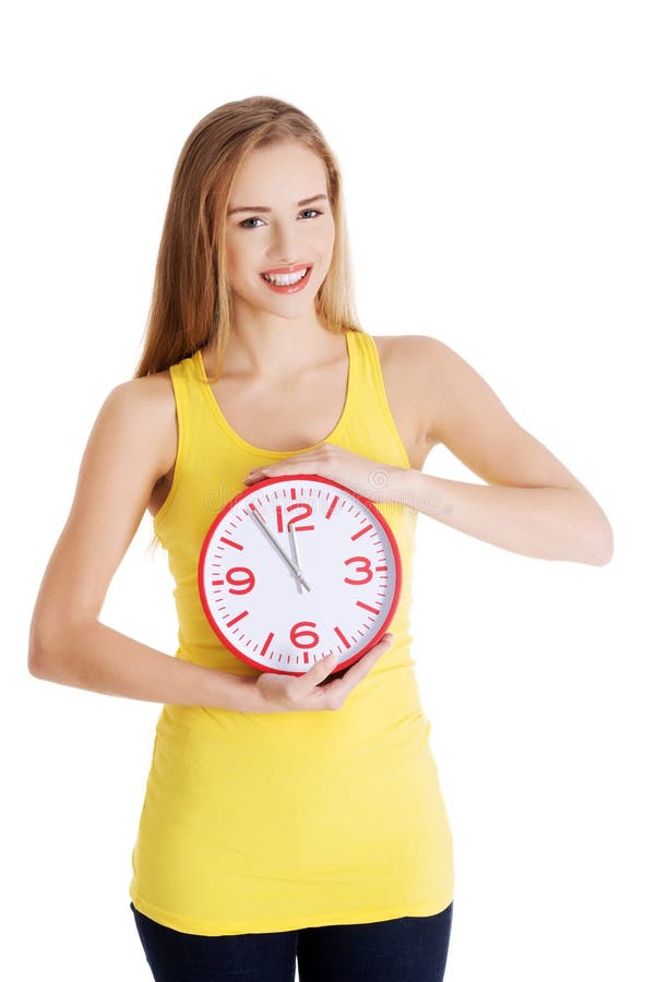 Full Length Woman Holding Big Clock Stock Photo - Image of holding ...