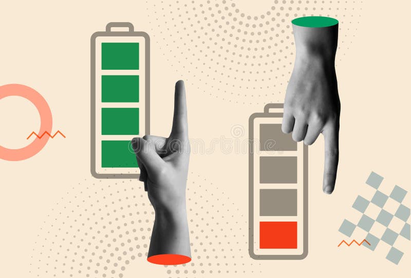 Full and Low Battery Icon and Human Hands Pointing in Retro Collage ...
