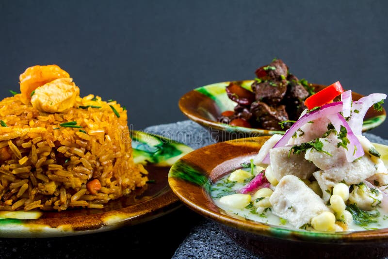 Full Meal, Rice with Chicken, Roast Beef, Fish Ceviche Stock Photo ...