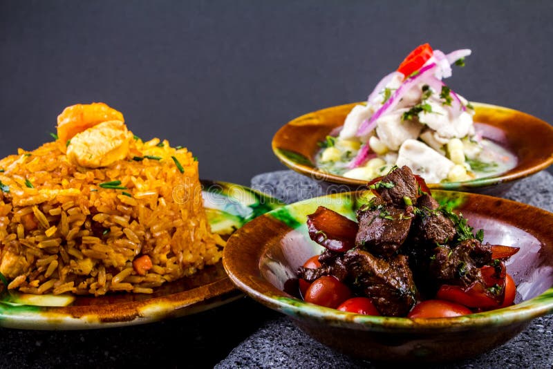 Full Meal, Rice with Chicken, Roast Beef, Fish Ceviche Stock Photo ...