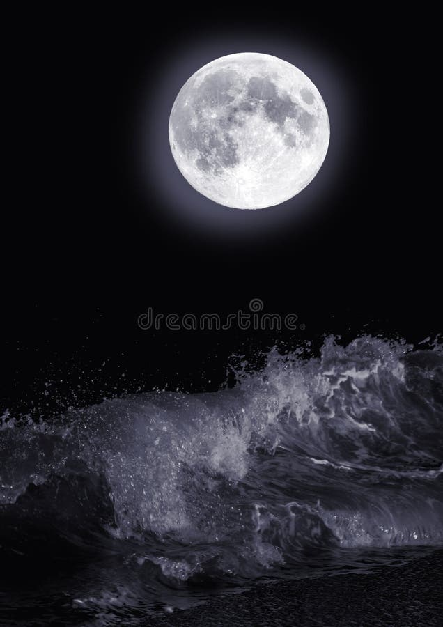 Full Moon Over the Ocean Waves with Stars at Night Stock Photo - Image ...