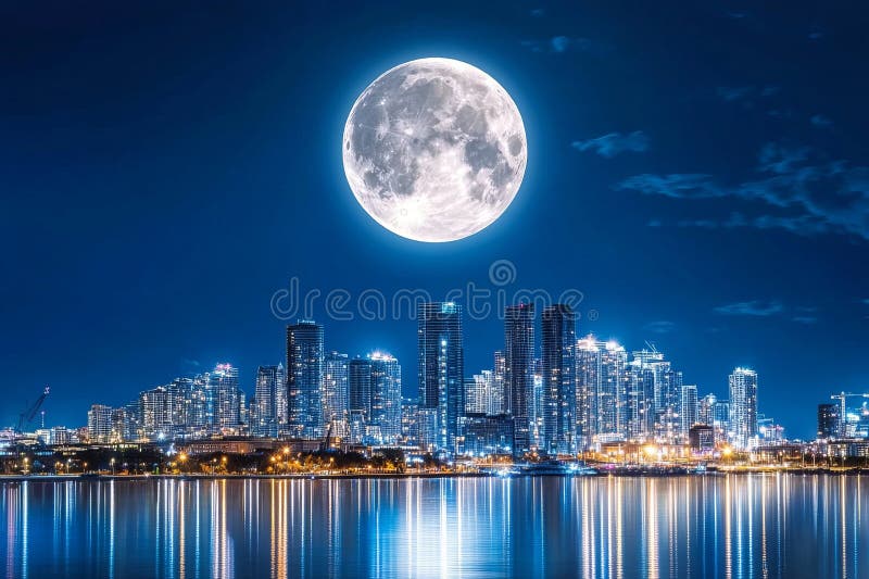 Full Moon Above a Cityscape Stock Photo - Image of nightscape, lunar ...