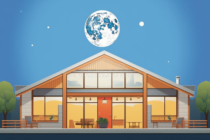 Full Moon Above the Roof of a Modern House Stock Image - Image of house ...