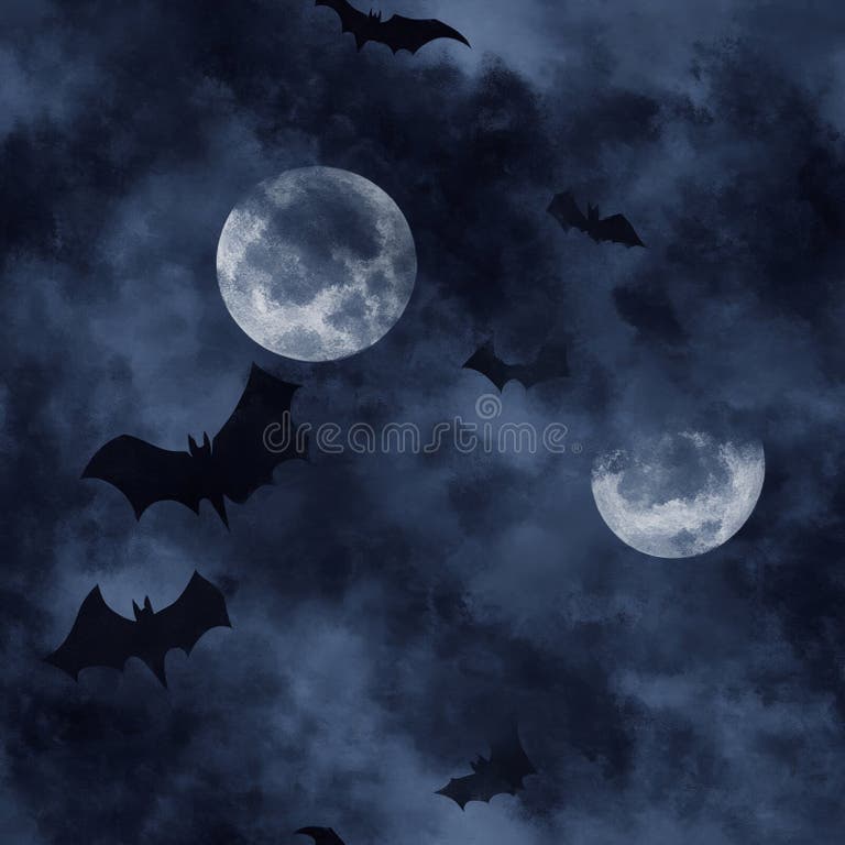 A Full Moon and Bat Pattern with Deep Navy Hues and Softly Lit Fog ...