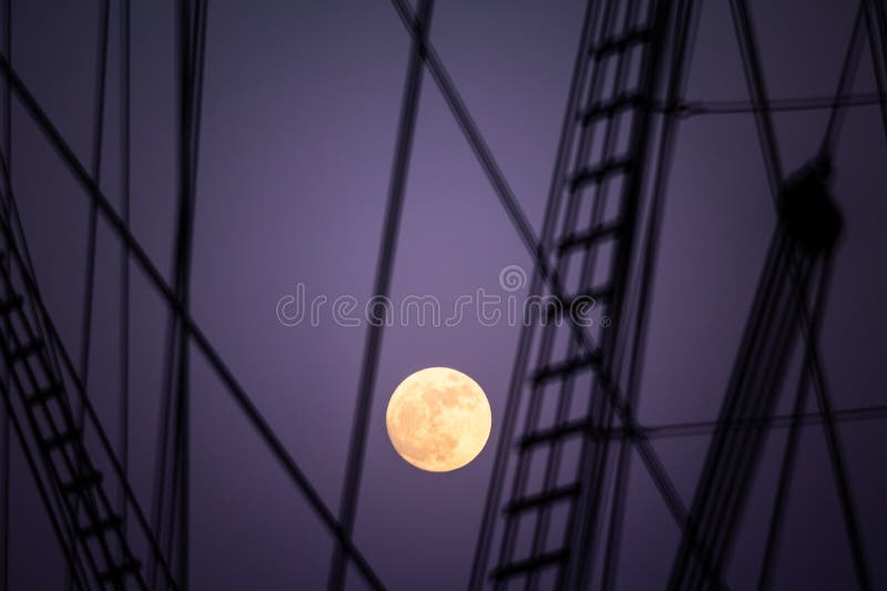 Full Moon Behind Ship Rigging at Dusk – Nautical Twilight Scene´ Stock ...