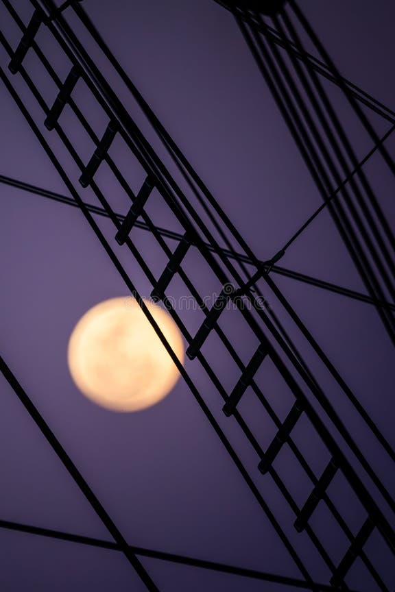 Full Moon Behind Ship Rigging at Dusk - Nautical Twilight Scene Stock ...