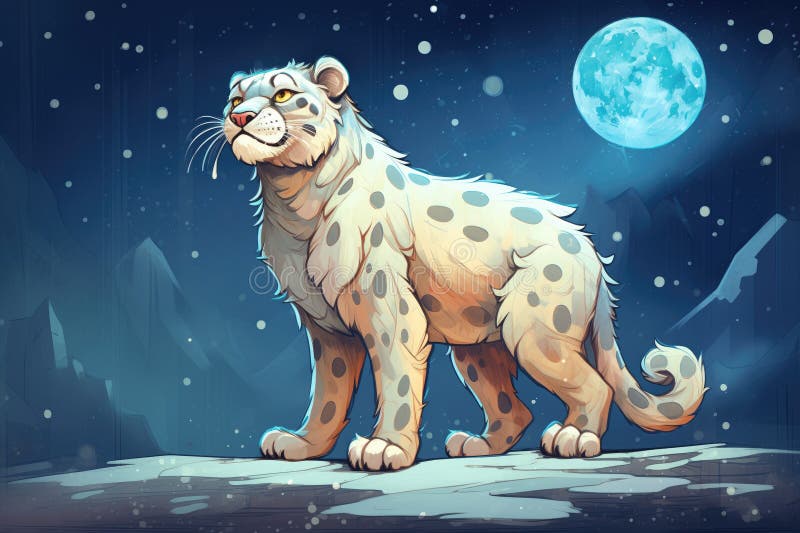 Full Moon Behind a Standing Snow Leopard Stock Illustration ...