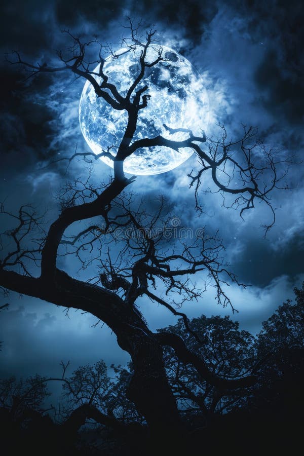 Full moon behind tree stock image. Image of world, night - 375276239