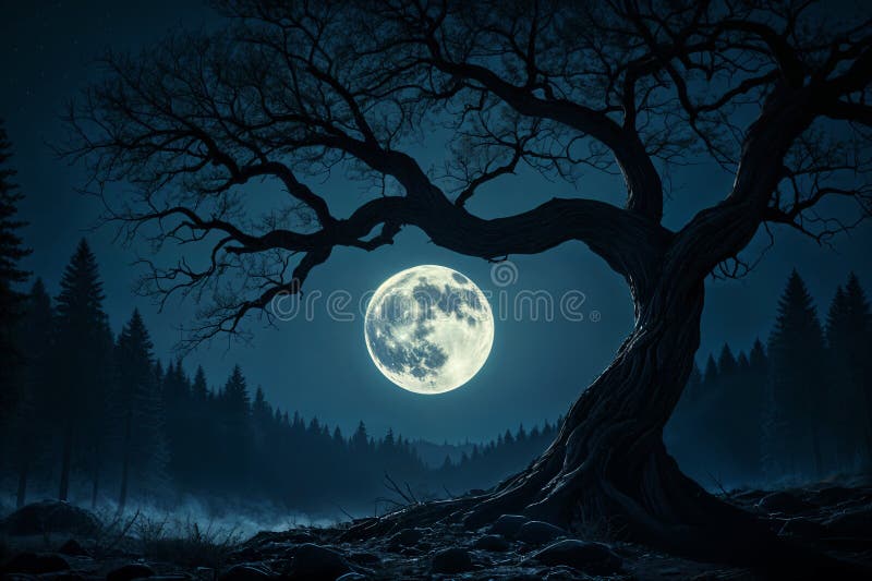 Full moon behind a tree stock illustration. Illustration of terrible ...