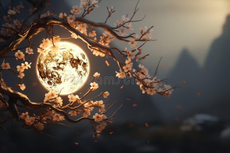 Full Moon in the Branches of a Flowering Tree, Mid-autumn Day Stock ...