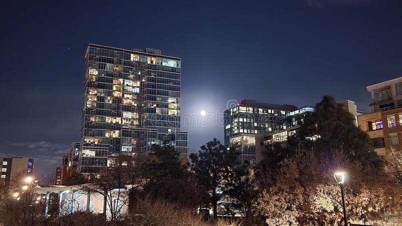 Full Moon between Buildings. Downtown Denver Stock Photo - Image of ...