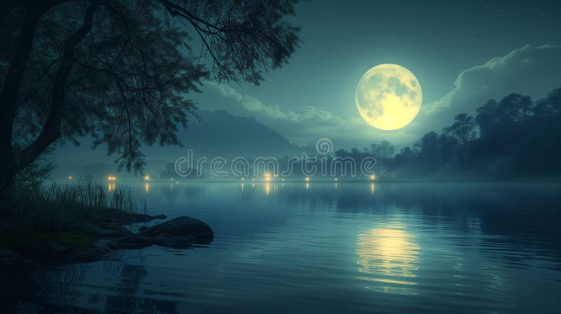 Full Moon Shining Over Lake Stock Illustration - Illustration of beams ...
